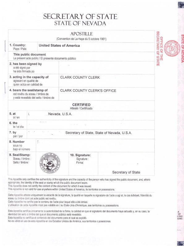 Apostille Nevada, USA - Musterübersetzungen von Urkunden