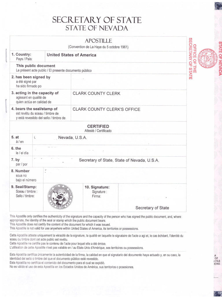 Apostille Nevada, USA - Musterübersetzungen von Urkunden