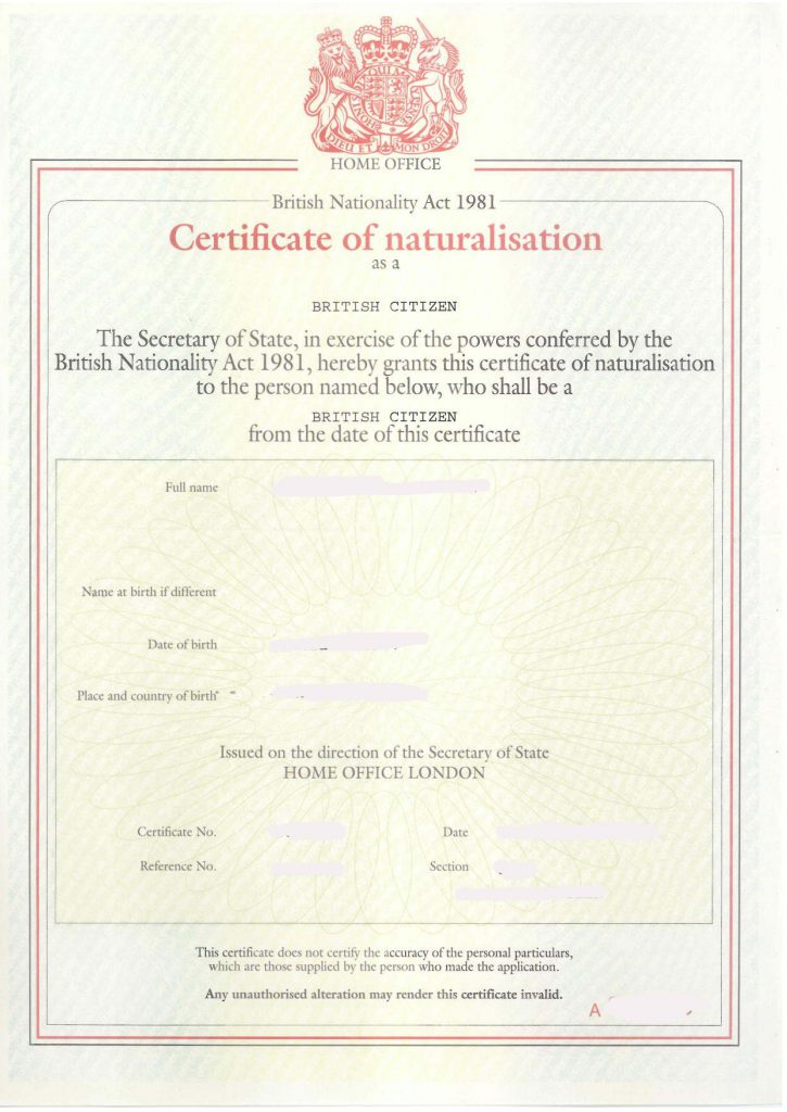Certificate of Naturalisation Great Britain - Musterübersetzungen von ...