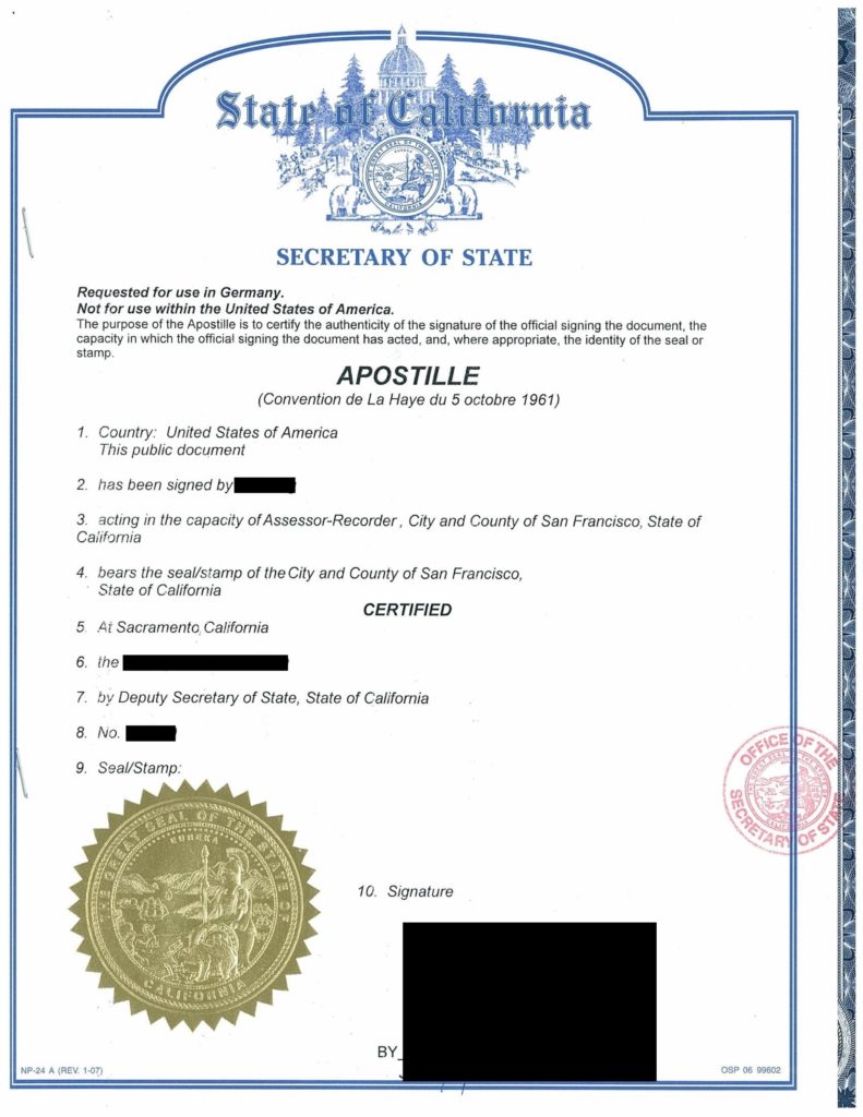 Apostille California, USA - Musterübersetzungen von Urkunden