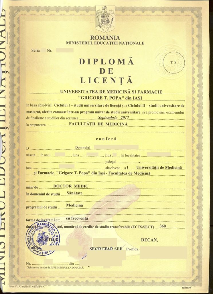 Diplomă de licență Iași doctor-medic - Musterübersetzungen von Urkunden