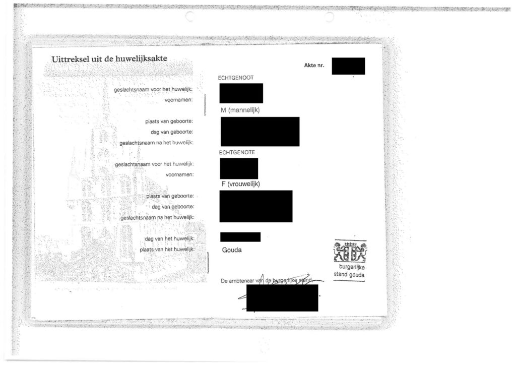 Uitreksel uit de huwelijksakte Gouda - Musterübersetzungen von Urkunden