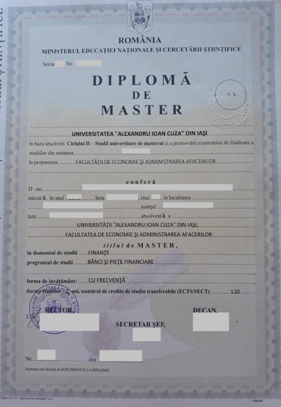 Diplomă de master Iași finanțe - Musterübersetzungen von Urkunden