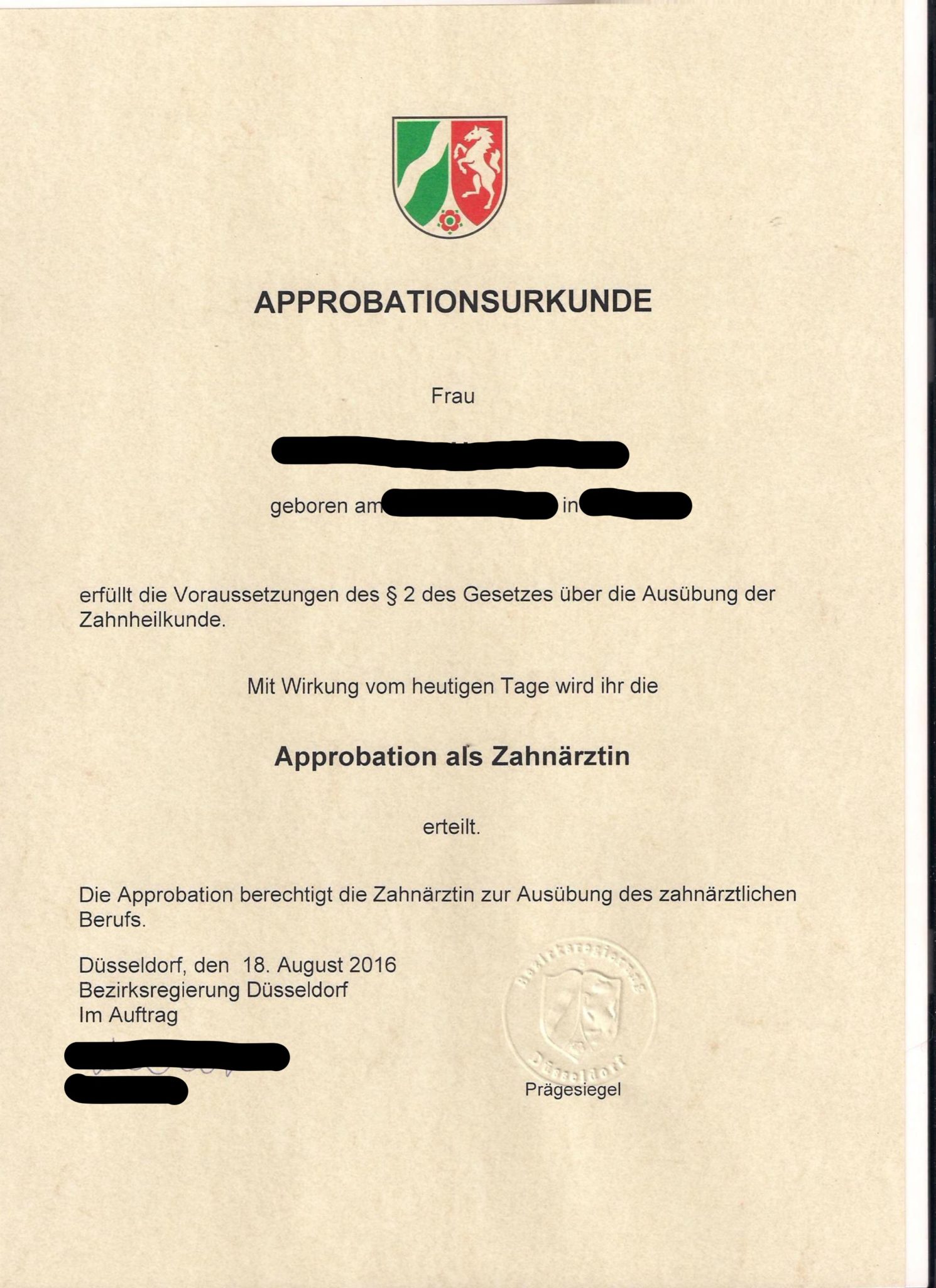 Approbationsurkunde Zahnarzt NRW - Musterübersetzungen von Urkunden