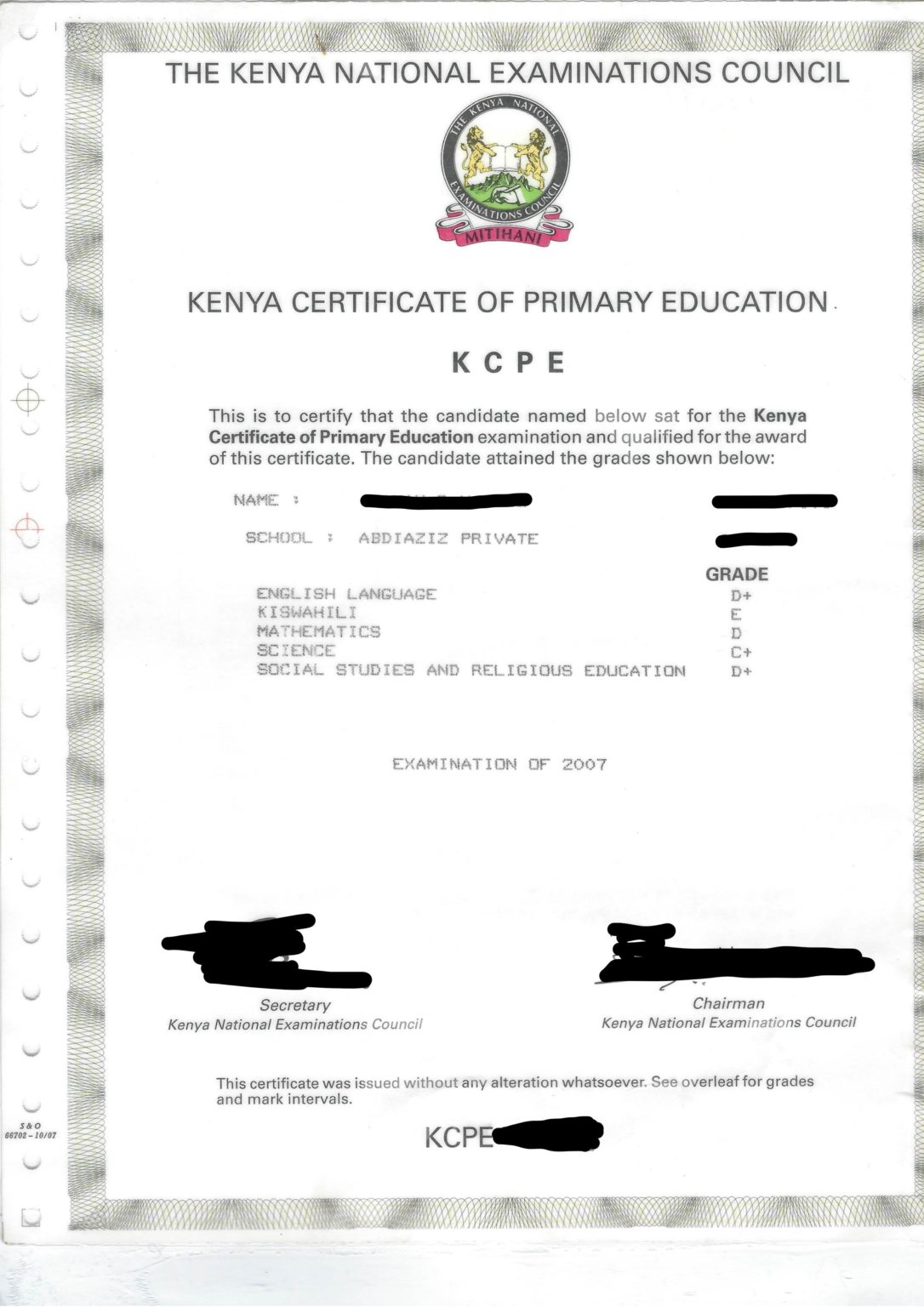 Certificate of Primary Education Kenya - Musterübersetzungen von Urkunden