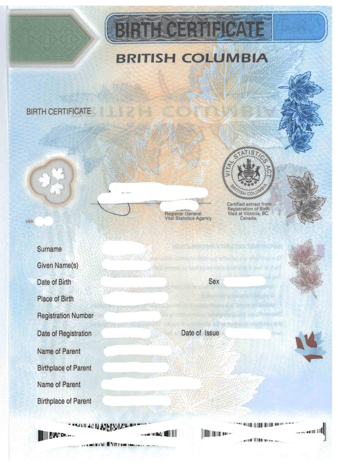Birth Certificate British Columbia Canada Muster bersetzungen Von birth-certificate-british-columbia-canada-muster-bersetzungen-von
