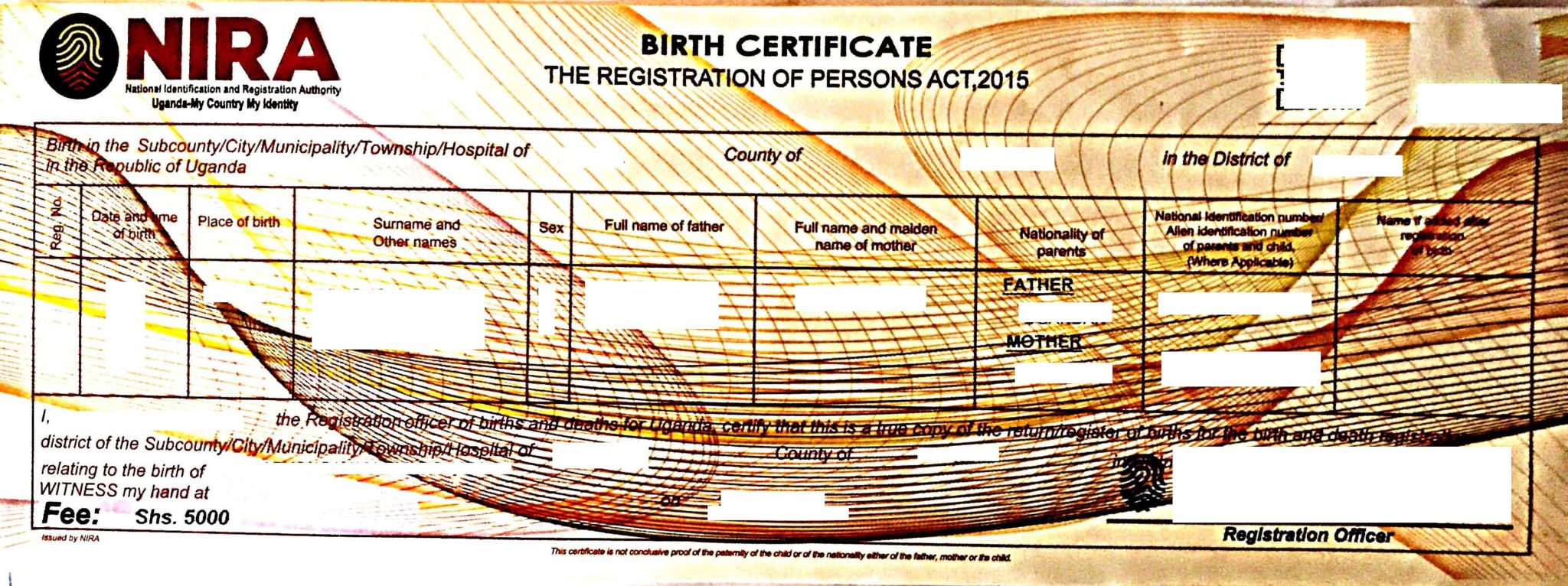 Birth certificate (Geburtsurkunde), Uganda, neues Formular - Musterübersetzungen von Urkunden