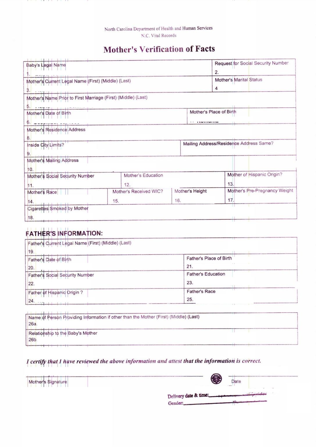 Mother's verification of facts (North Carolina, 2011 ...