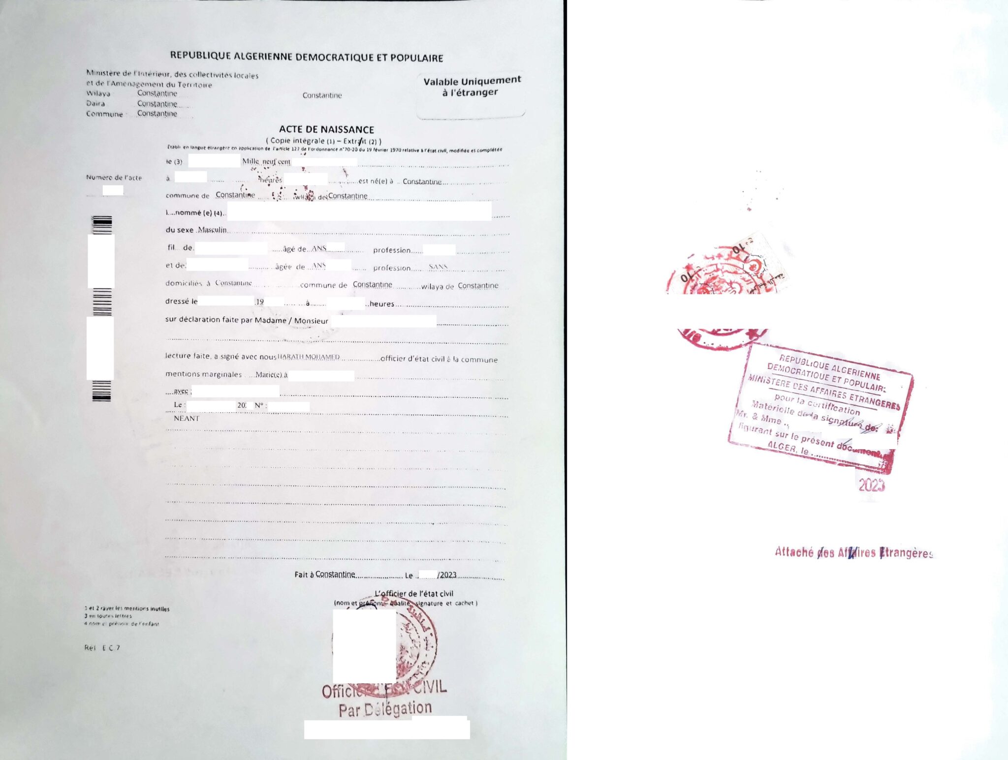 Acte de Naissance mit Strichcode, Copie Intégrale, Algérie, Constantine ...