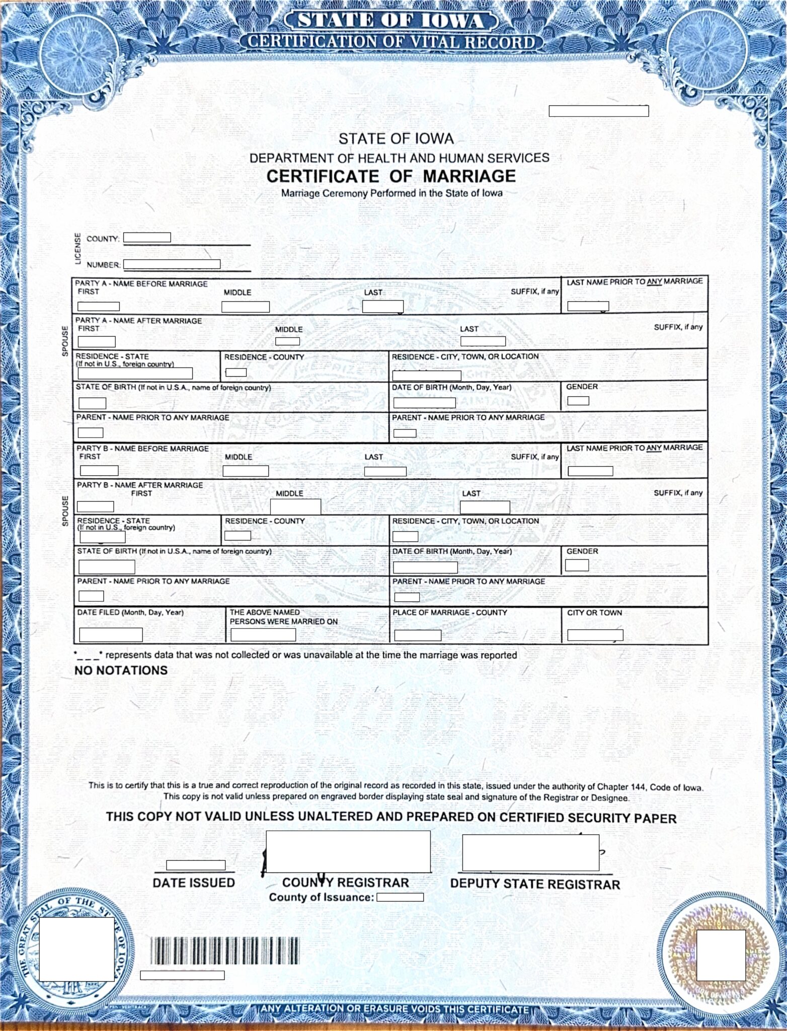 Certificate of marriage Iowa - Musterübersetzungen von Urkunden